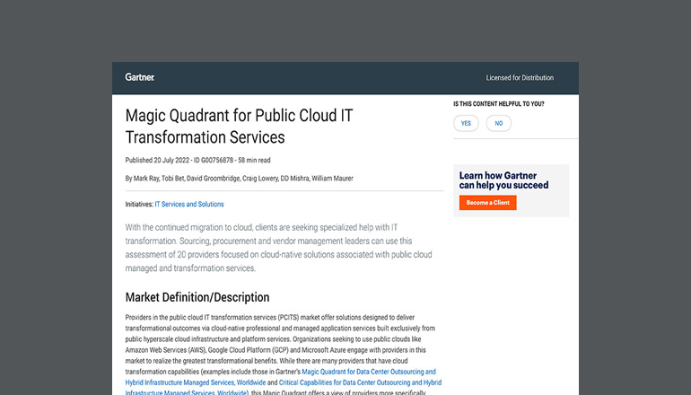 Gartner report: Magic Quadrant for Public Cloud IT Transformation Services | Insight